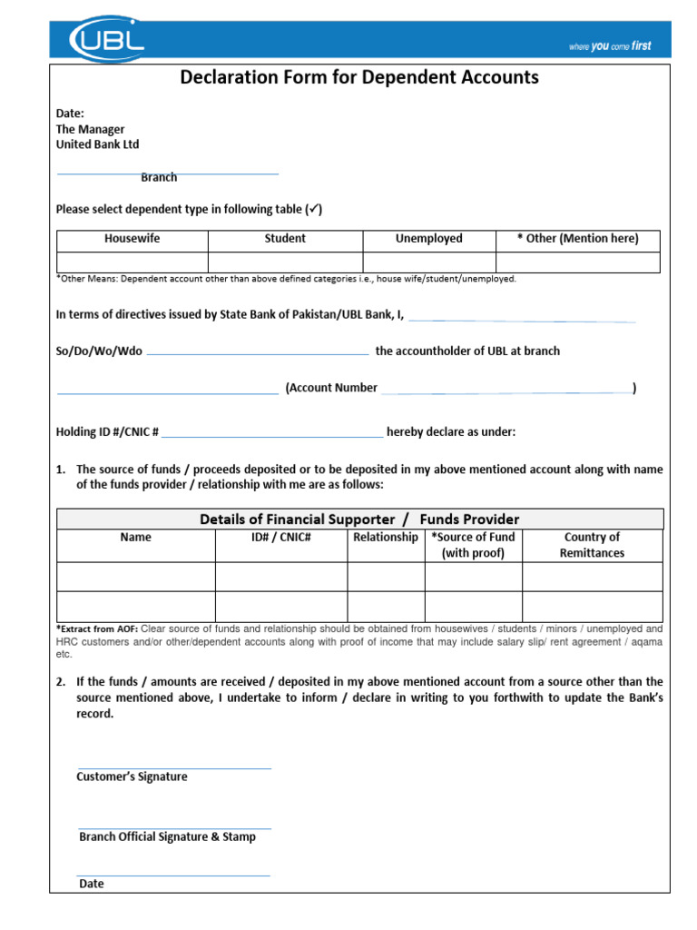 Declaration Form for Dependent Accounts B6 | PDF