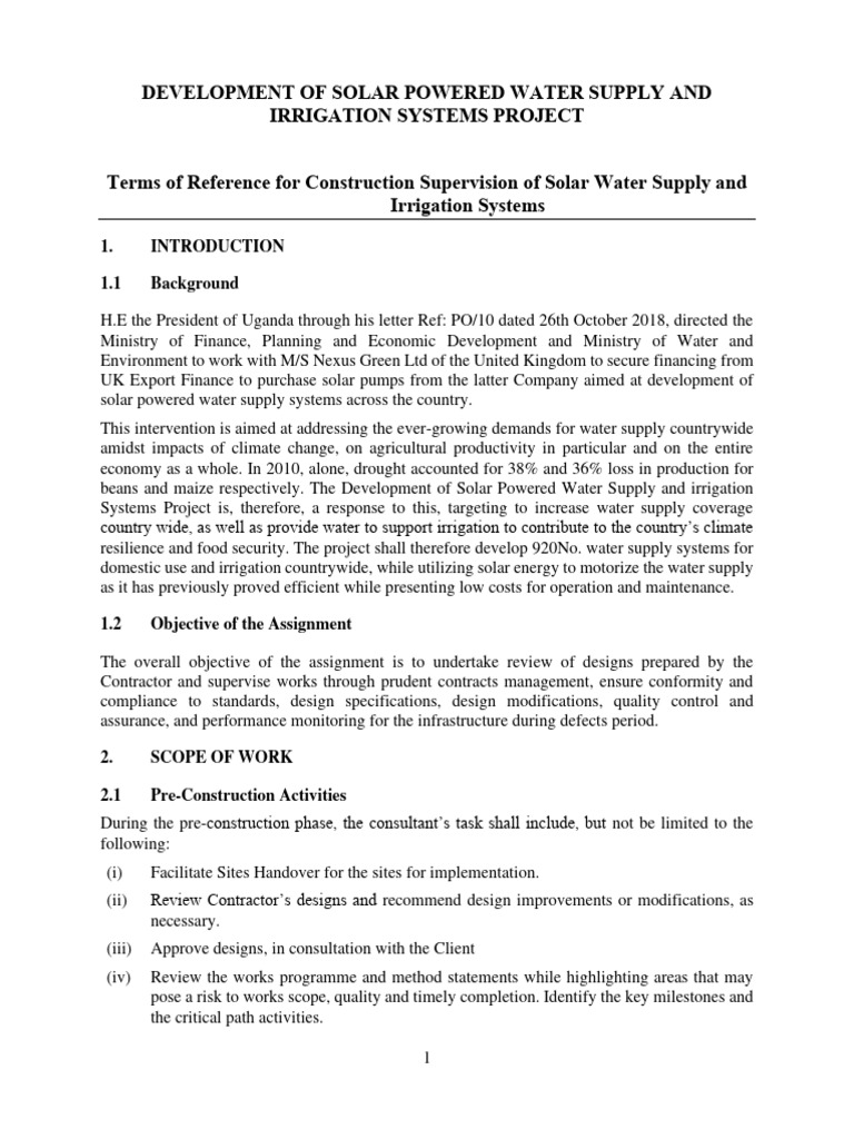 Terms of Reference For Construction Supervision of Solar Water Supply and Irrigation Systems ...