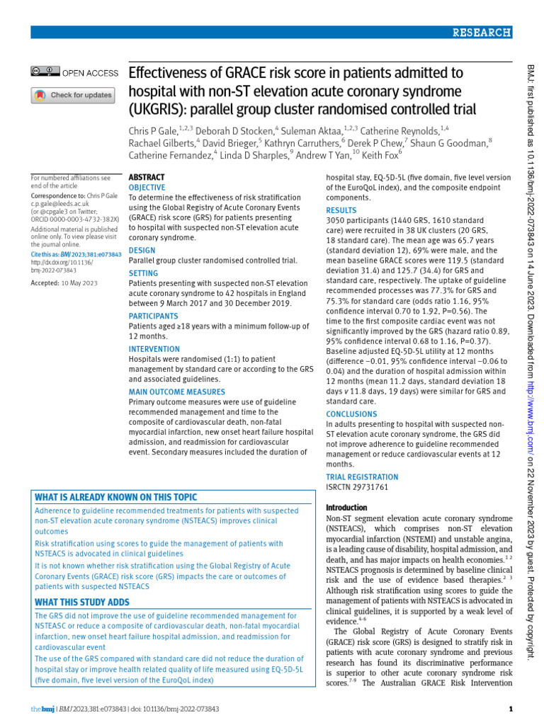 Bmj-2022-073843.full GRACE SCORE | PDF | Myocardial Infarction | Heart