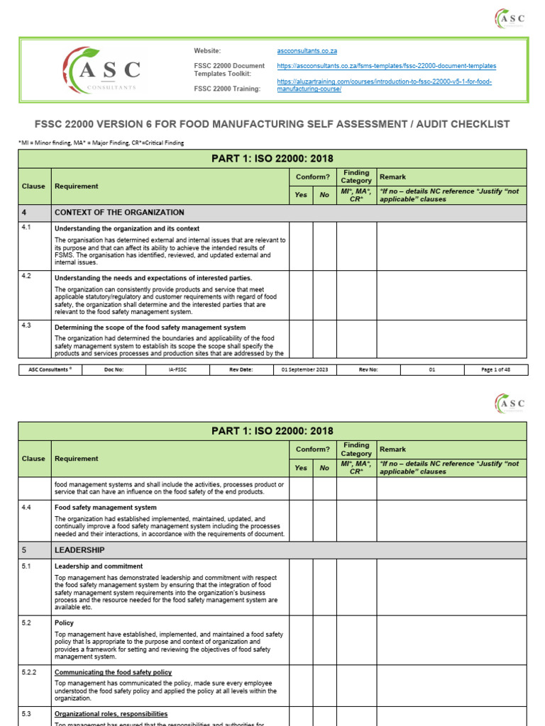 FSSC 22000 V6 For Food Manufacturing Checklist | PDF | Food Safety | Verification And Validation