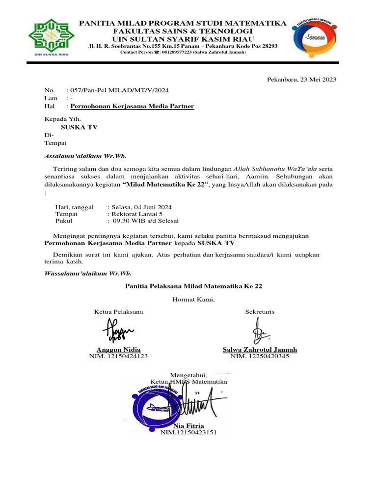 Surat Permohonan Media Partner SUSKA TV | PDF