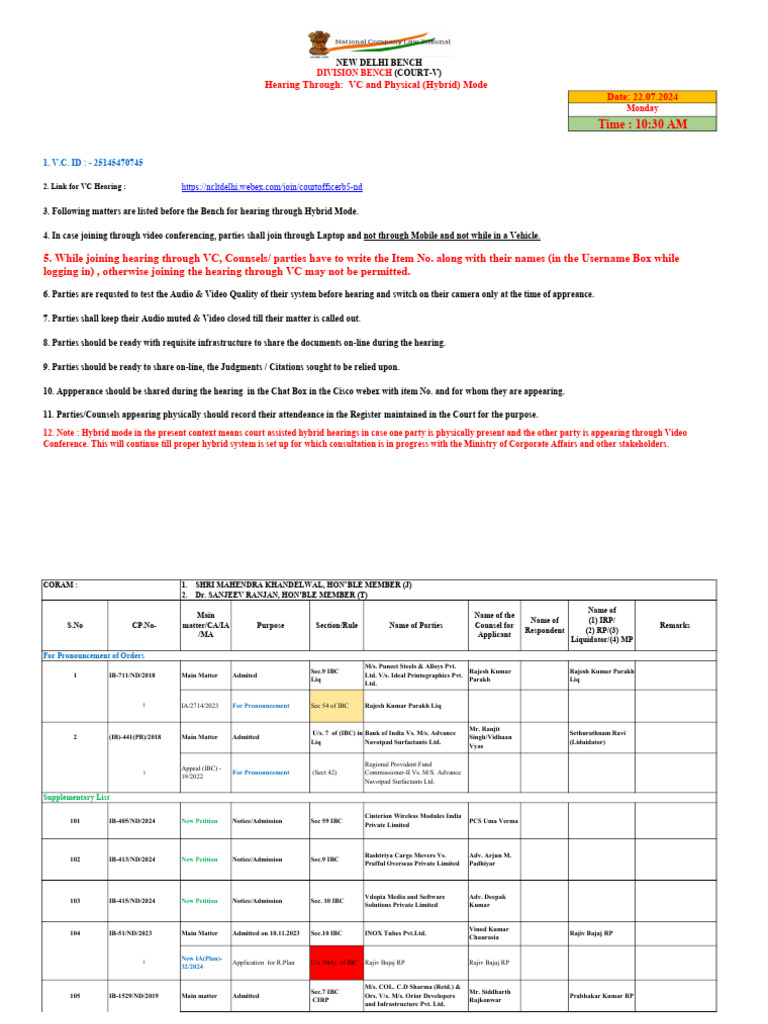 Cause-List Court-V 22.07.2024 | PDF