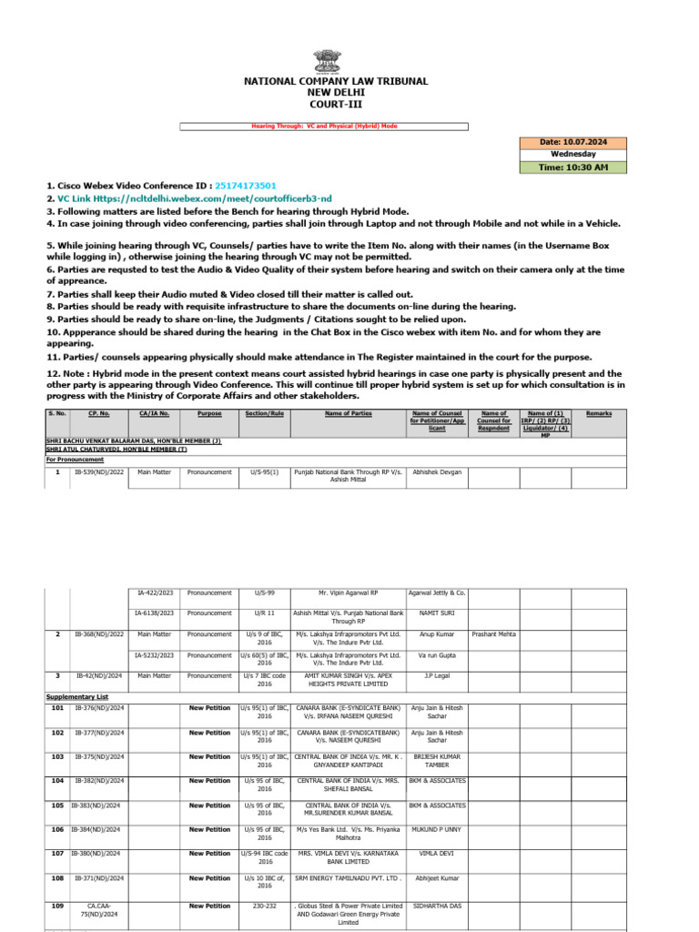 NCLT Hybrid Hearing Guidelines | PDF | Videotelephony