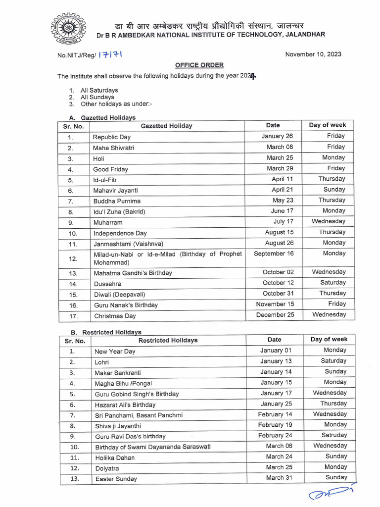 Office Order (List of Holidays - 2024) 30963 | PDF