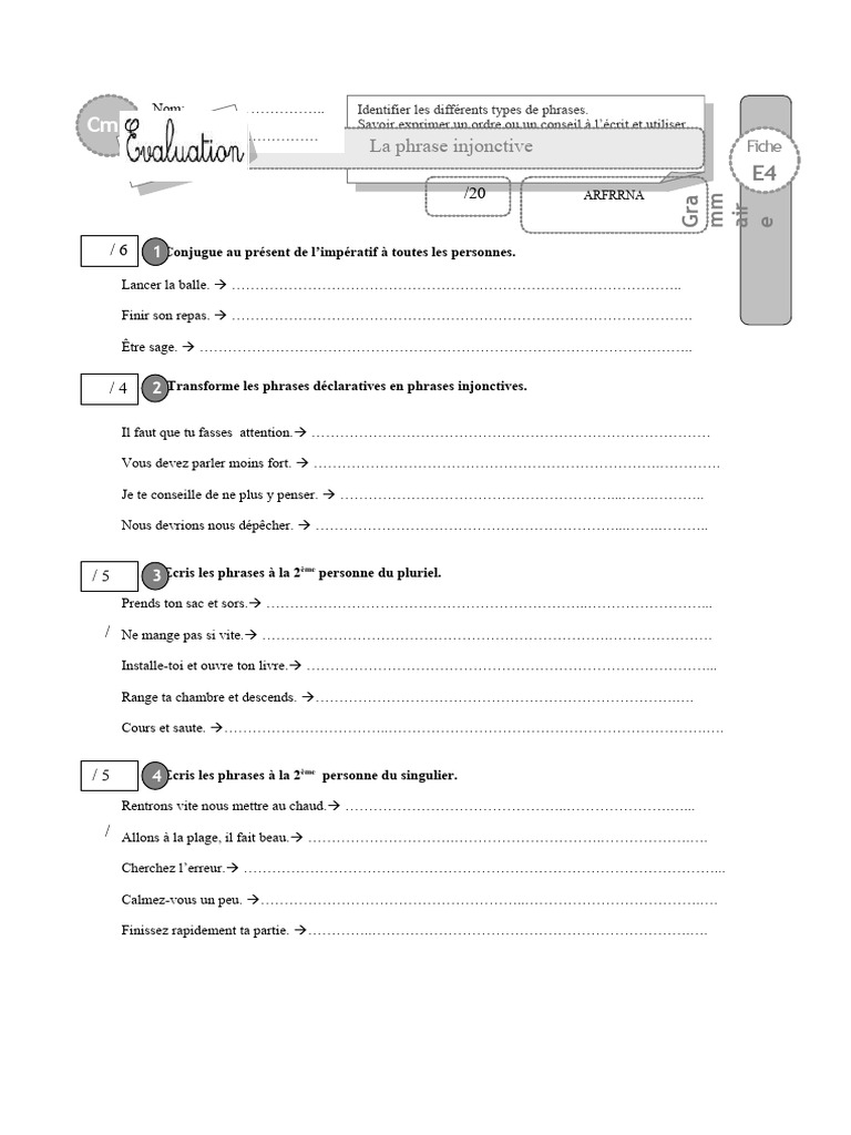 Exercices sur la phrase injonctive CM1 | PDF | Phrase | Relations ...