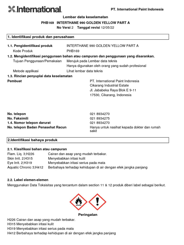 MSDS - DG - 126200-Interthane 990 Golden Yellow Part A - BHS | PDF ...