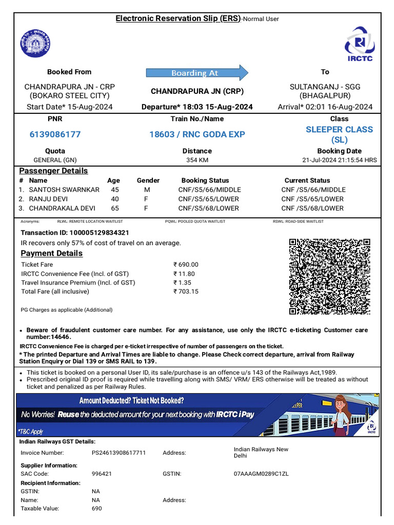 RNC Goda Exp Sleeper Class (SL) : Electronic Reservation Slip (ERS) | PDF | Identity Document
