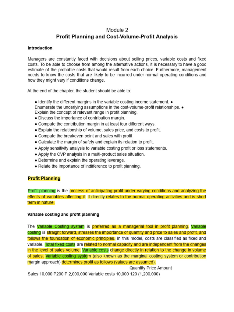 Module 2 Profit Planning and Cost-Volume-Profit Analysis | PDF ...