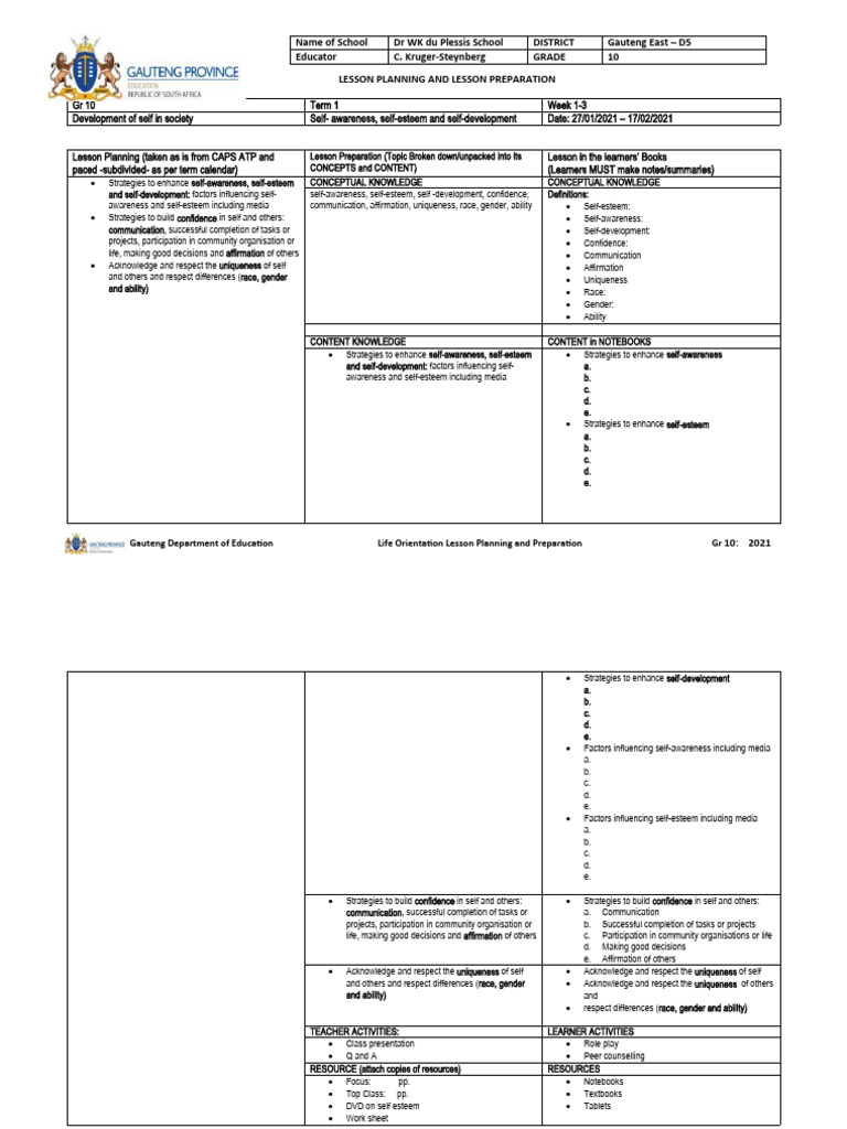 Gr 10 Life Orientation Lesson Plans | PDF | Adolescence | Gender