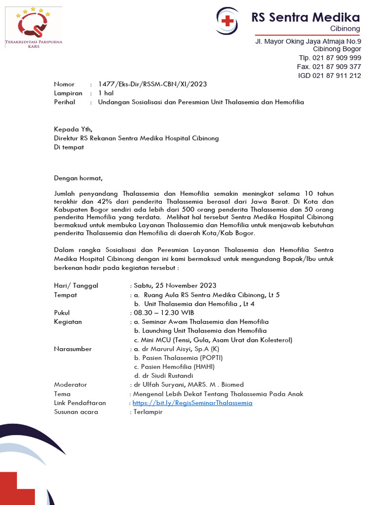 1477 Undangan Thalassemia Dan Hemofilia - Rekanan RS | PDF