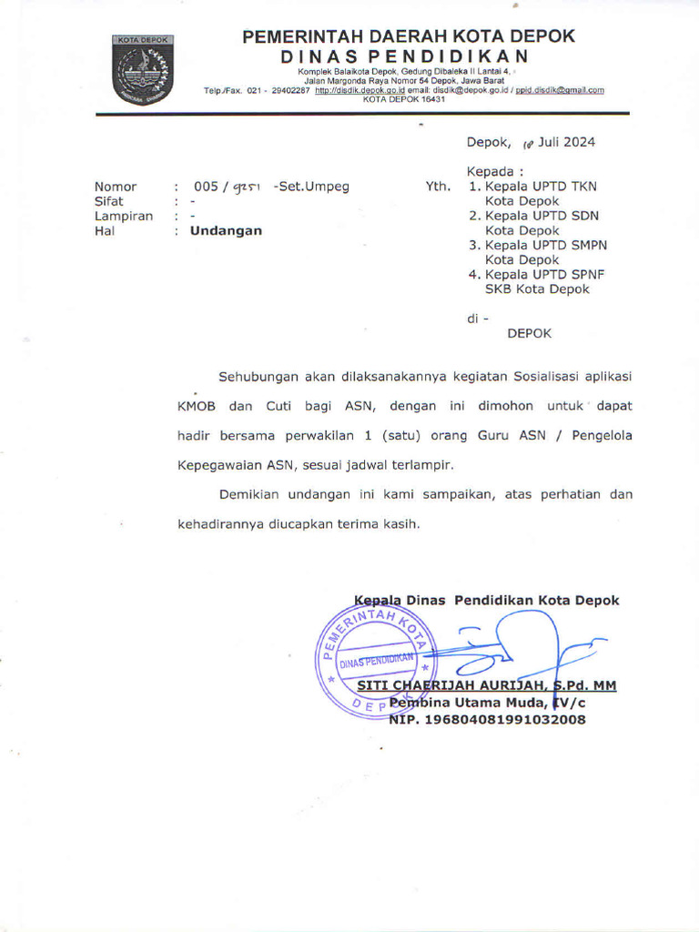 Surat Undangan Sosialisasi KMOB dan Cuti Bagi ASN | PDF