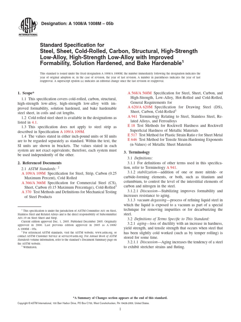 Astm A 1008 - 05 | PDF | Sheet Metal | Steel