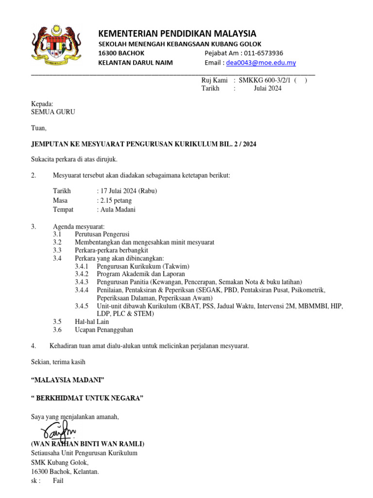 Surat Jemputan MESYUARAT KURIKULUM 2024-KE 2 | PDF