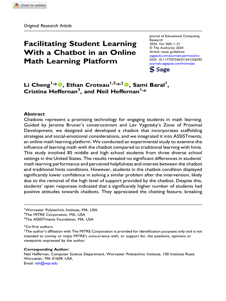 Facilitating Student Learning With a Chatbot in an Online Math Learning Platform | PDF ...