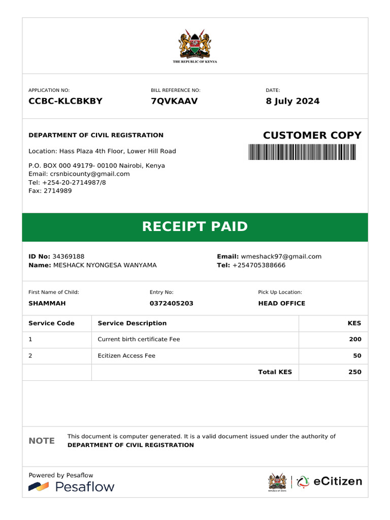 CCBC Klcbkby Civil Registration Receipt | PDF | Birth Certificate