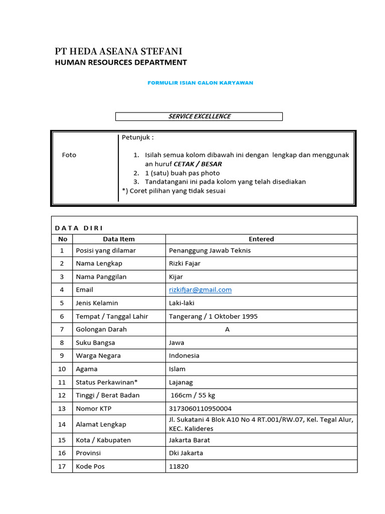 Form Karyawan Baru Heda | PDF
