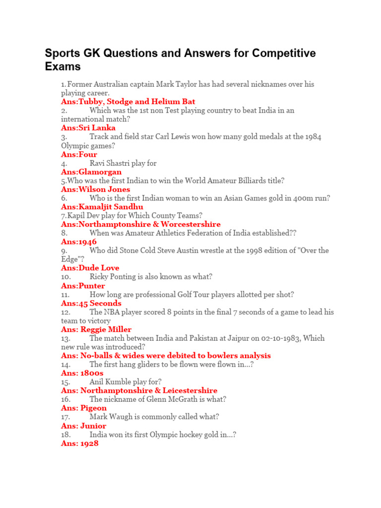 Sports GK Questions and Answers For Competitive Exams 2023 | PDF ...