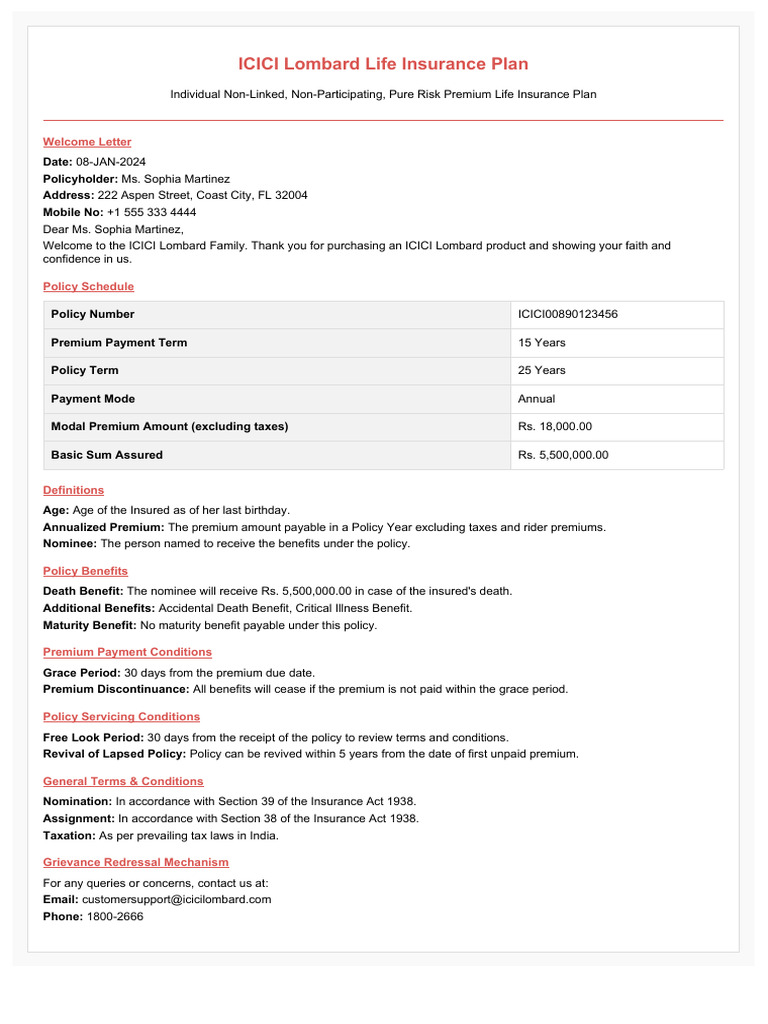 ICICI Lombard Life Insurance Plan: Welcome Letter | PDF