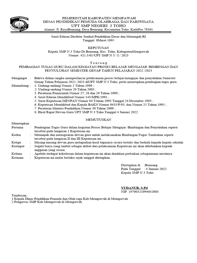 SK Pembagian Tugas 2022-2023 Genap | PDF