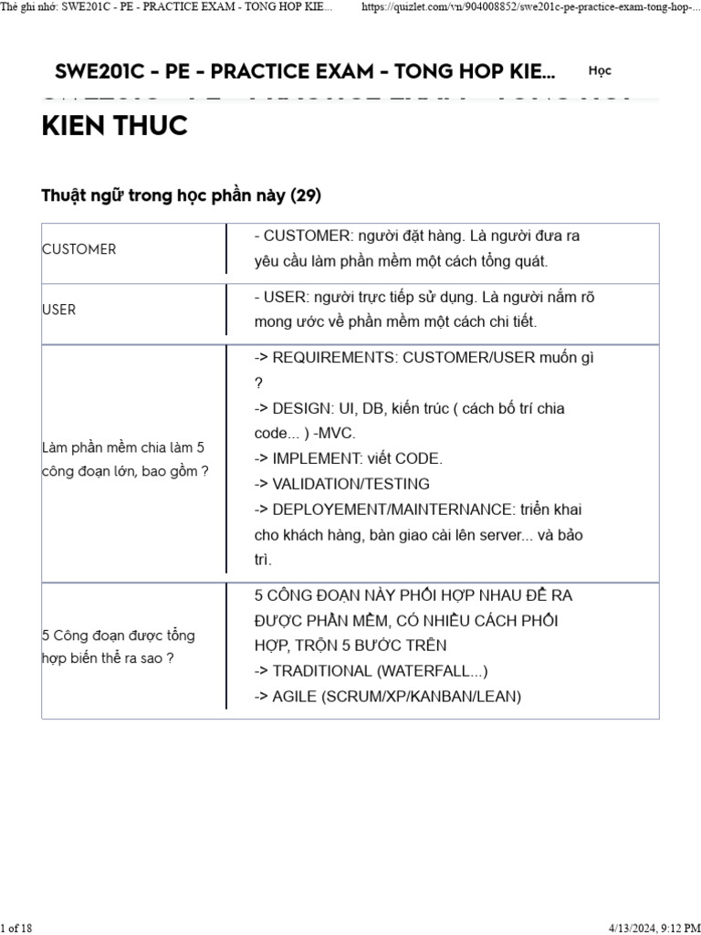 Thẻ ghi nhớ SWE201C - PE - PRACTICE EXAM - TONG HOP KIEN THUC Quizlet | PDF