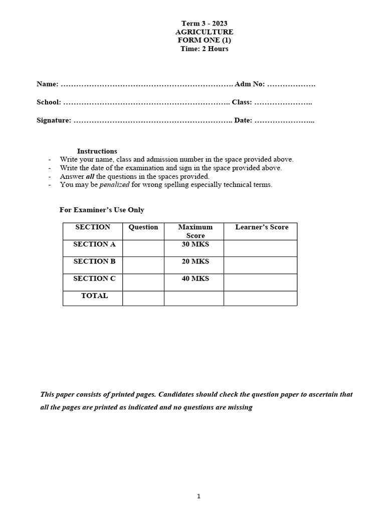 Agriculture Form 1 Qs | PDF | Cattle | Agriculture