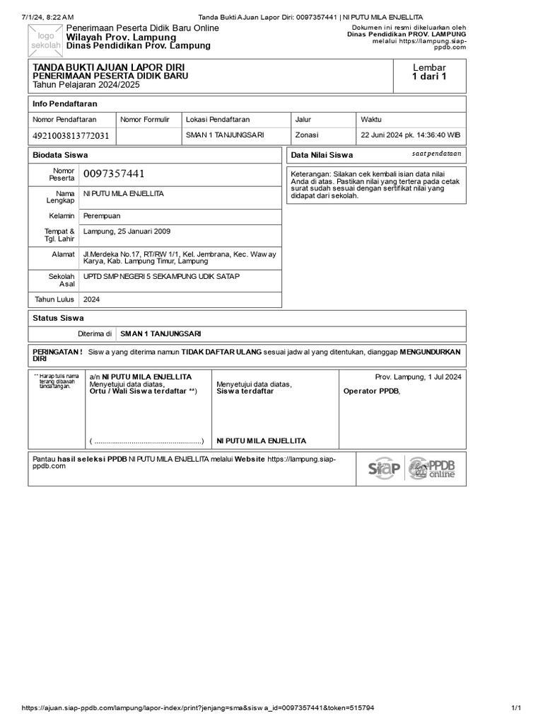 Tanda Bukti AJuan Lapor Diri - 0097357441 - NI PUTU MILA ENJELLITA | PDF