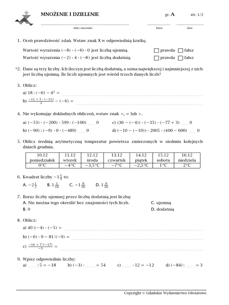 Klasa 6. Liczby Dodatnie I Liczby Ujemne MNOZENIE IDZIELENIE | PDF