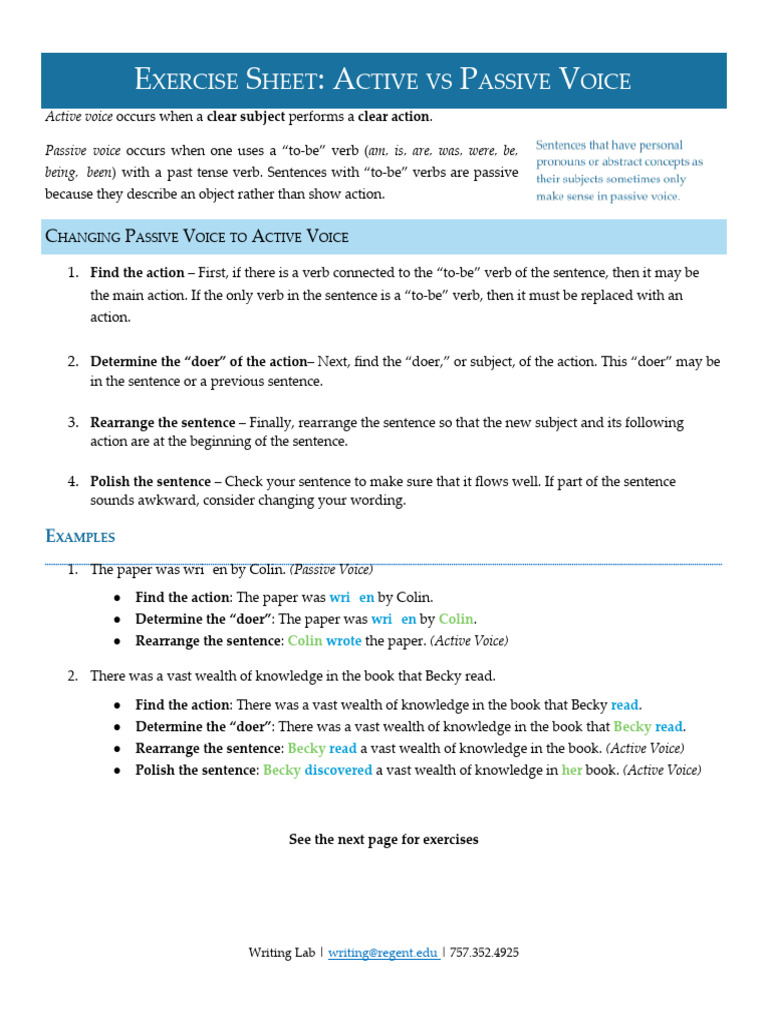 Active Vs Passive Exercise Sheet | PDF | Verb | Subject (Grammar)