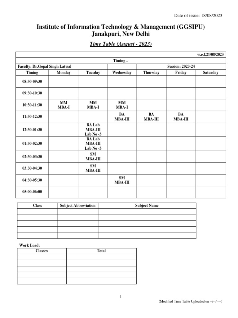 Individual Time Table - Aug 23 | PDF