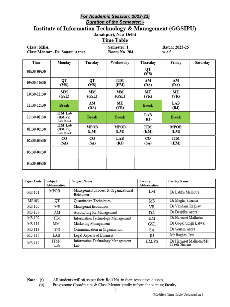 MBA, MCA, BCA Timetable 2022-23 | PDF | Academic Term | Databases