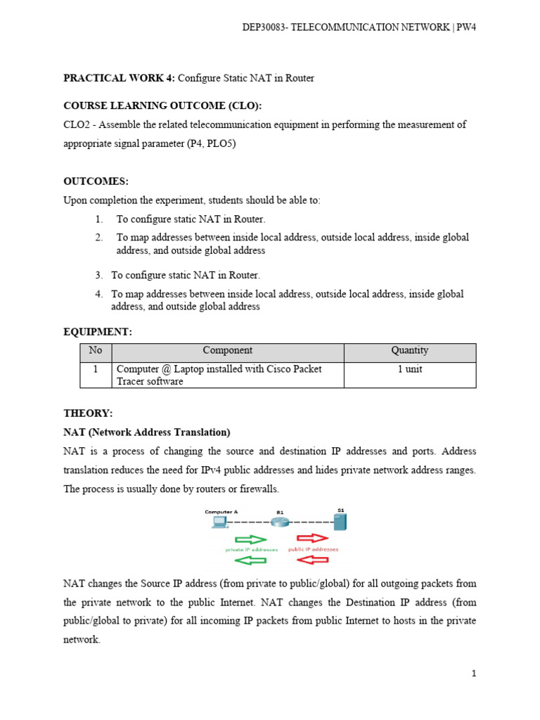 Dep30083 PW4 Configure Static Nat in Router 2023-1-13 | PDF | Ip Address | Computer Network