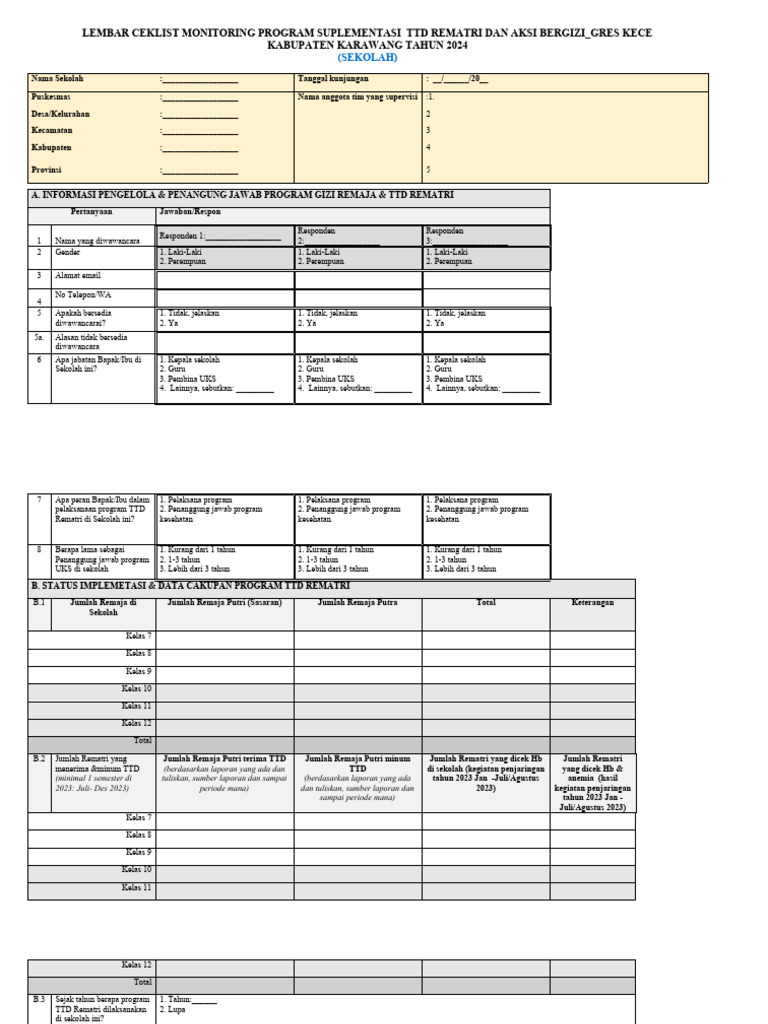 LEMBAR CEKLIST MONITORING TTD DAN AKSI BERGIZI - SEKOLAH-ukuran Legal | PDF