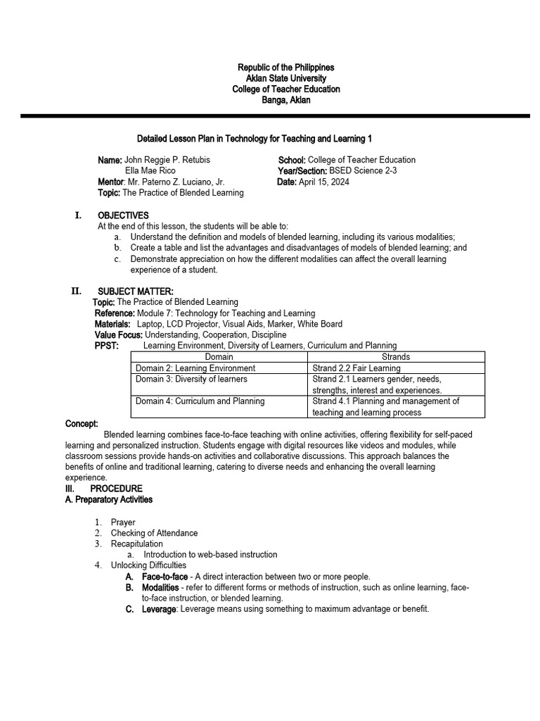 Blended Learning Lesson Plan Guide | PDF | Learning | Lesson Plan