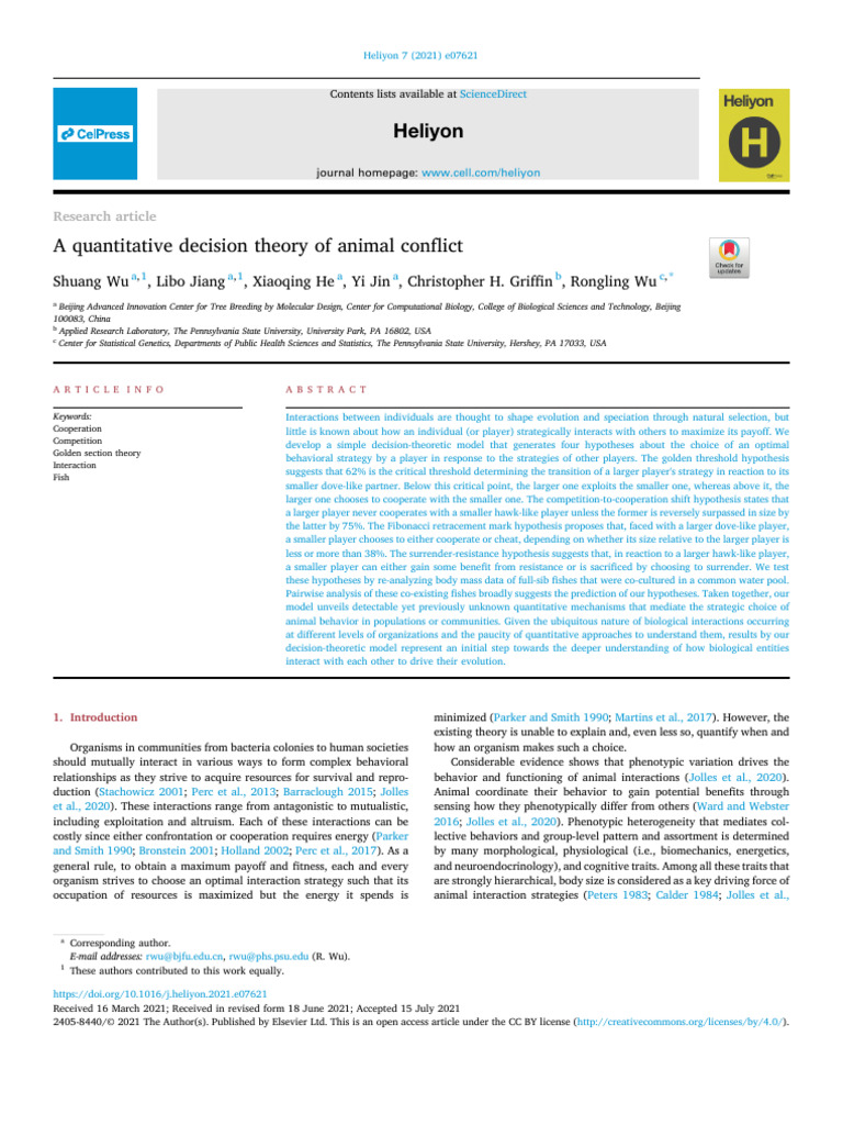 A Quantitative Decision Theory of Animal Conflict - 2021 - Heliyon ...