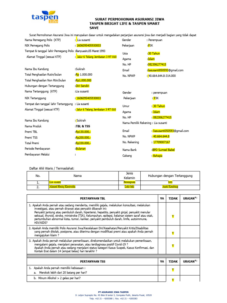 Form Spaj Bundling TBL TSS-1 | PDF