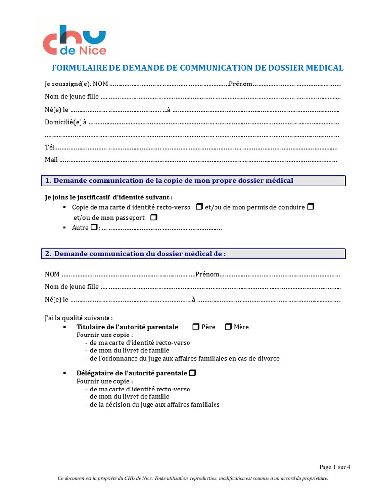 Demande de dossier médical CHU Nice | PDF