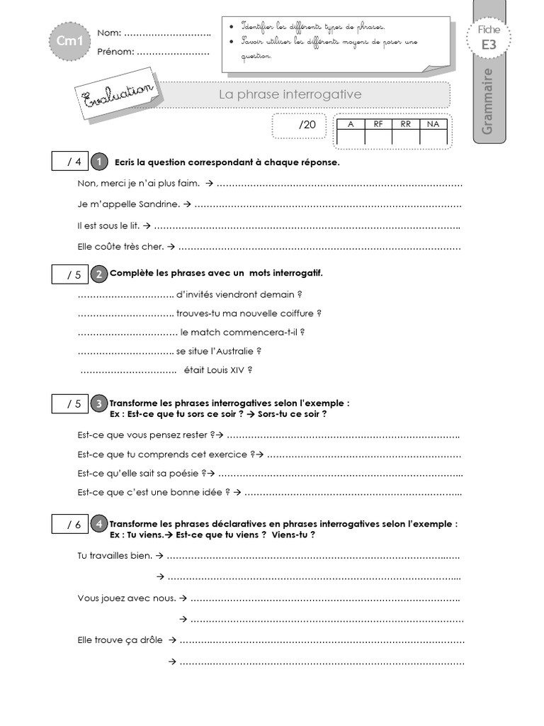 cm1 Evaluation Phrase Interrogative | PDF | Interprétation (Philosophie ...