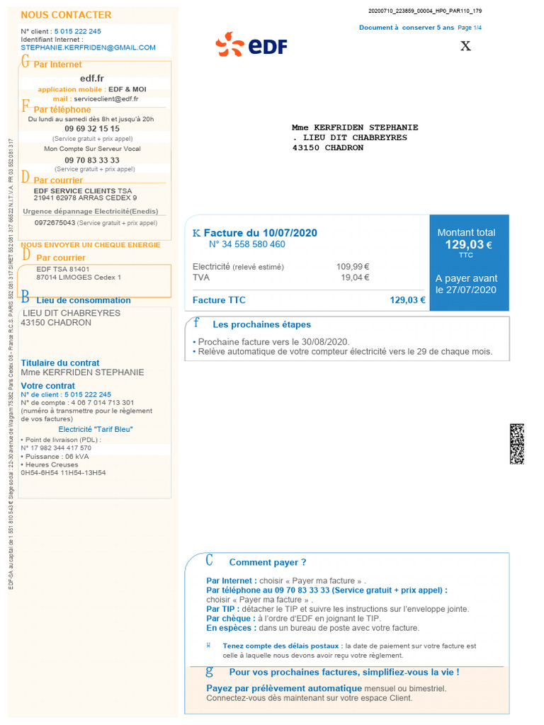 Facture EDF du 10/07/2020 - Client KERFRIDEN | PDF | Taxe sur la valeur ...