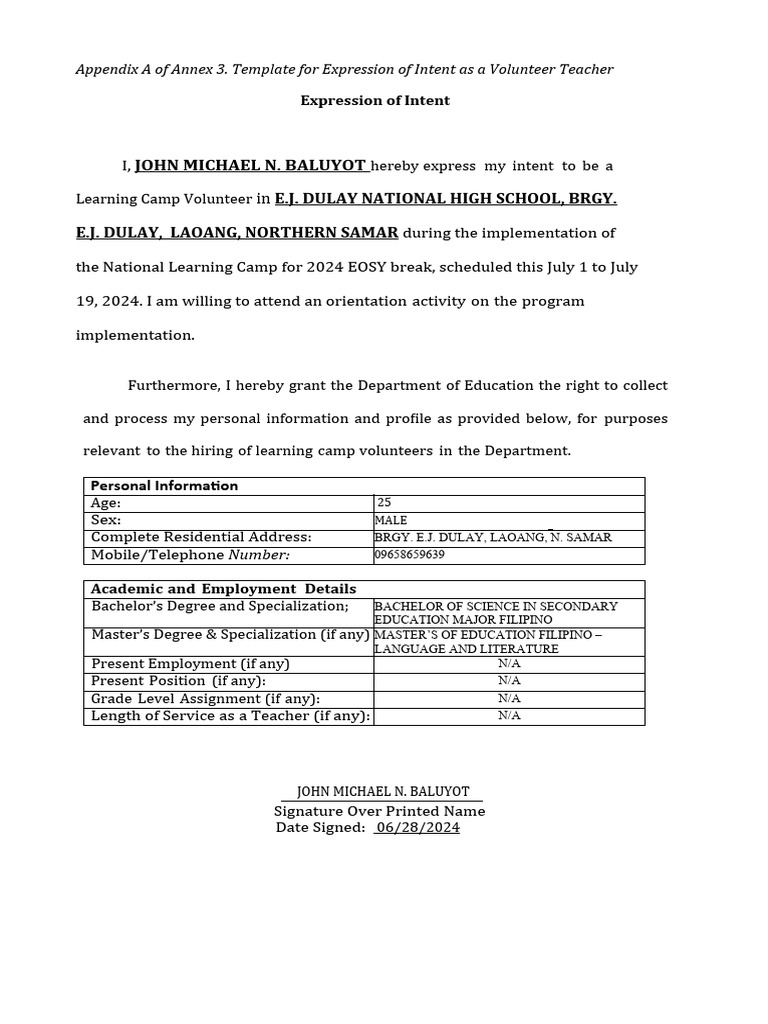 Express of Intent and Job Contract John-Michael | PDF | Learning
