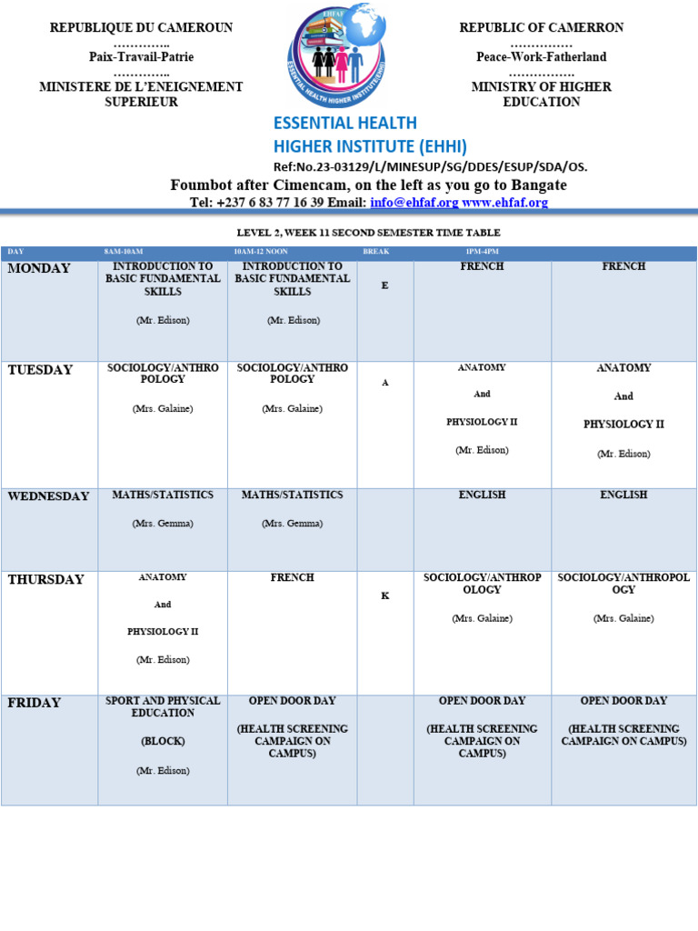 Level 1 Nursing Time Table-Week 11 | PDF