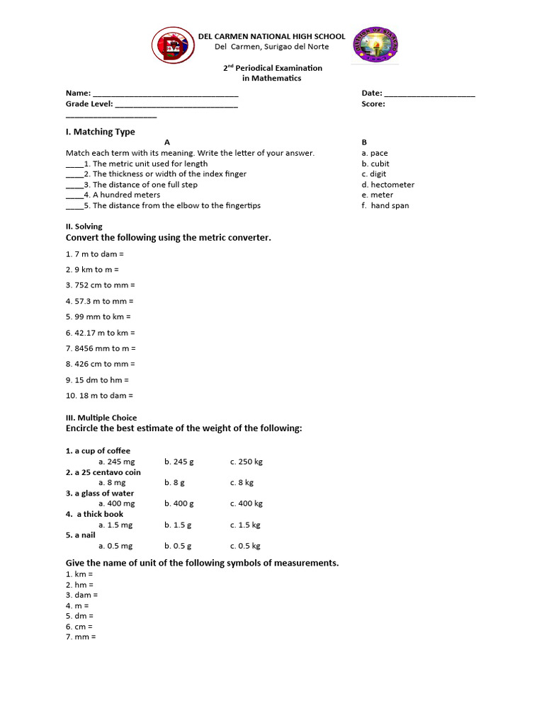 2nd Periodical Exam in Mathematics | PDF | Pound (Mass) | Kilogram