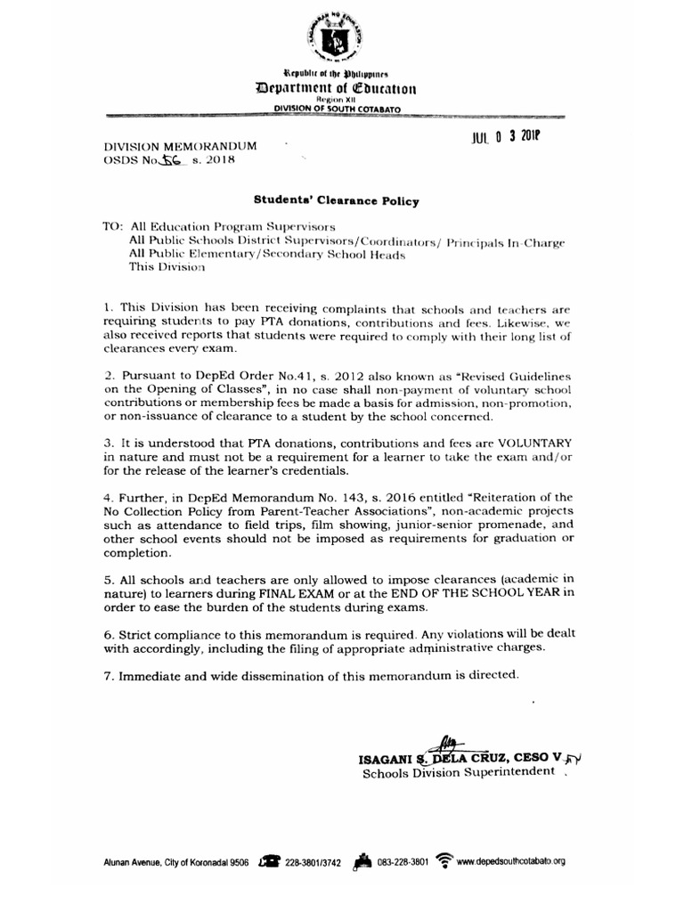 DM OSDS No. 56 Students Clearance Policy | PDF