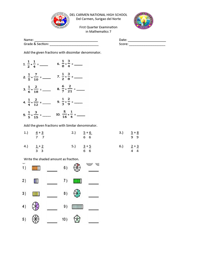 Math 7 First Quarter Exam | PDF