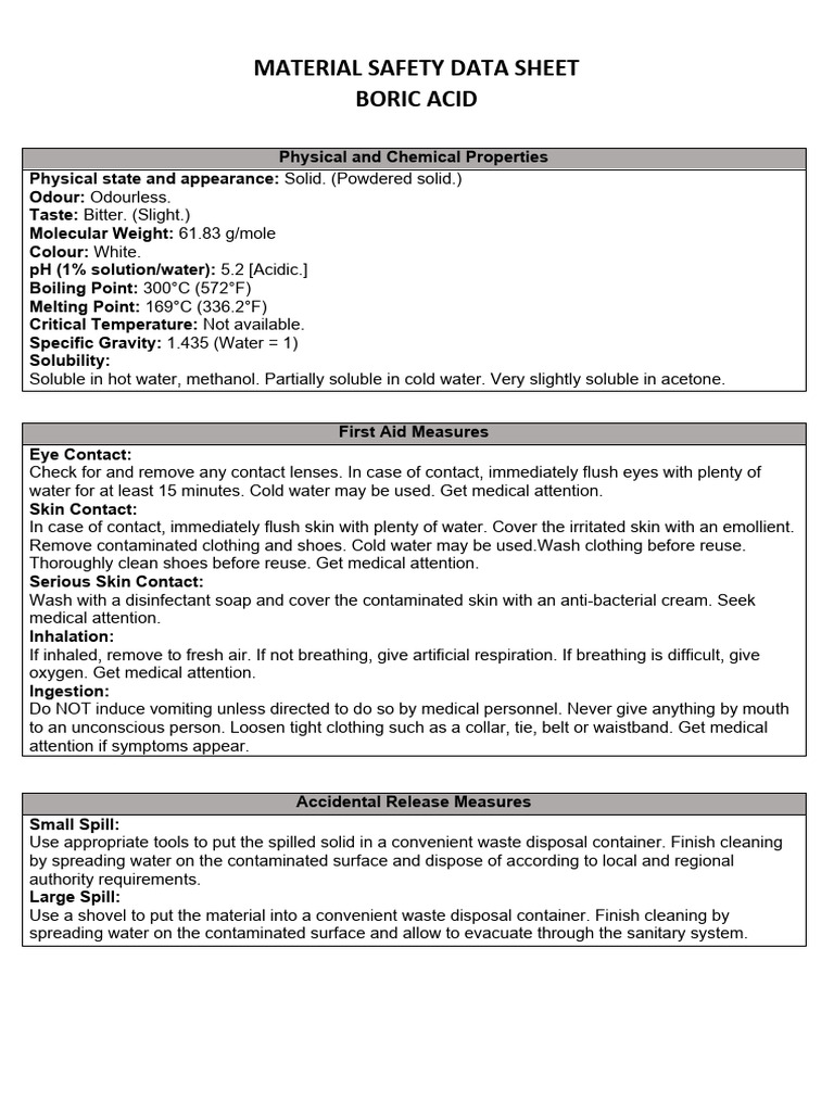 MSDS Boric Acid | PDF | Personal Protective Equipment | Water MSDS Boric Acid | PDF | Personal Protective Equipment | Water