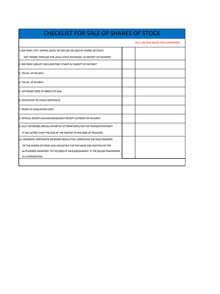 Checklist For Sale of Shares of Stock | PDF | Stocks | Receipt