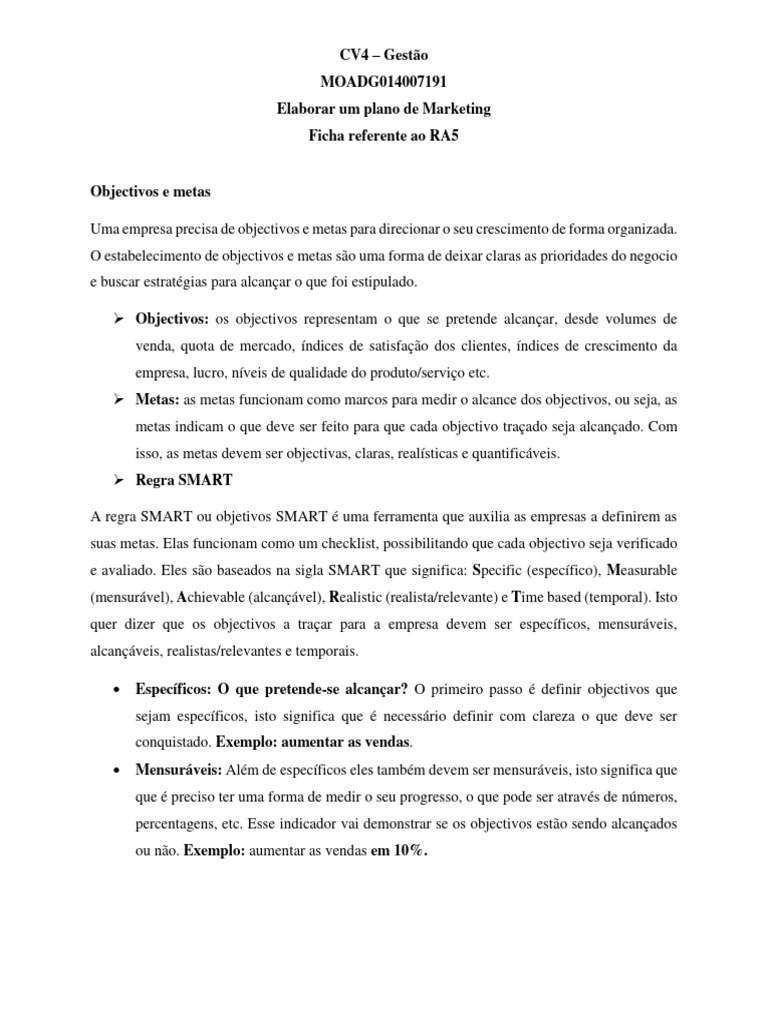 Ficha - Elaborar Um Plano de Marketing - RA5 | PDF | Marketing | Qualidade (negócios)