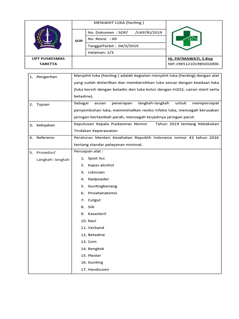 Sop MENJAHIT LUKA (Hecting) | PDF | Pengembangan Diri | Kesehatan Holistik