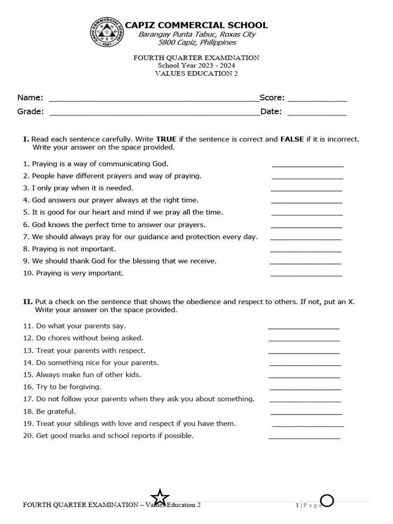 GMRC Exam 4th Q | PDF | Prayer