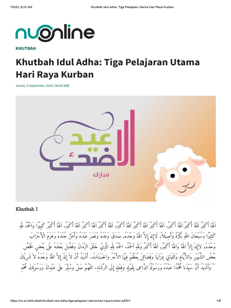 Khutbah Idul Adha - Tiga Pelajaran Utama Hari Raya Kurban | PDF