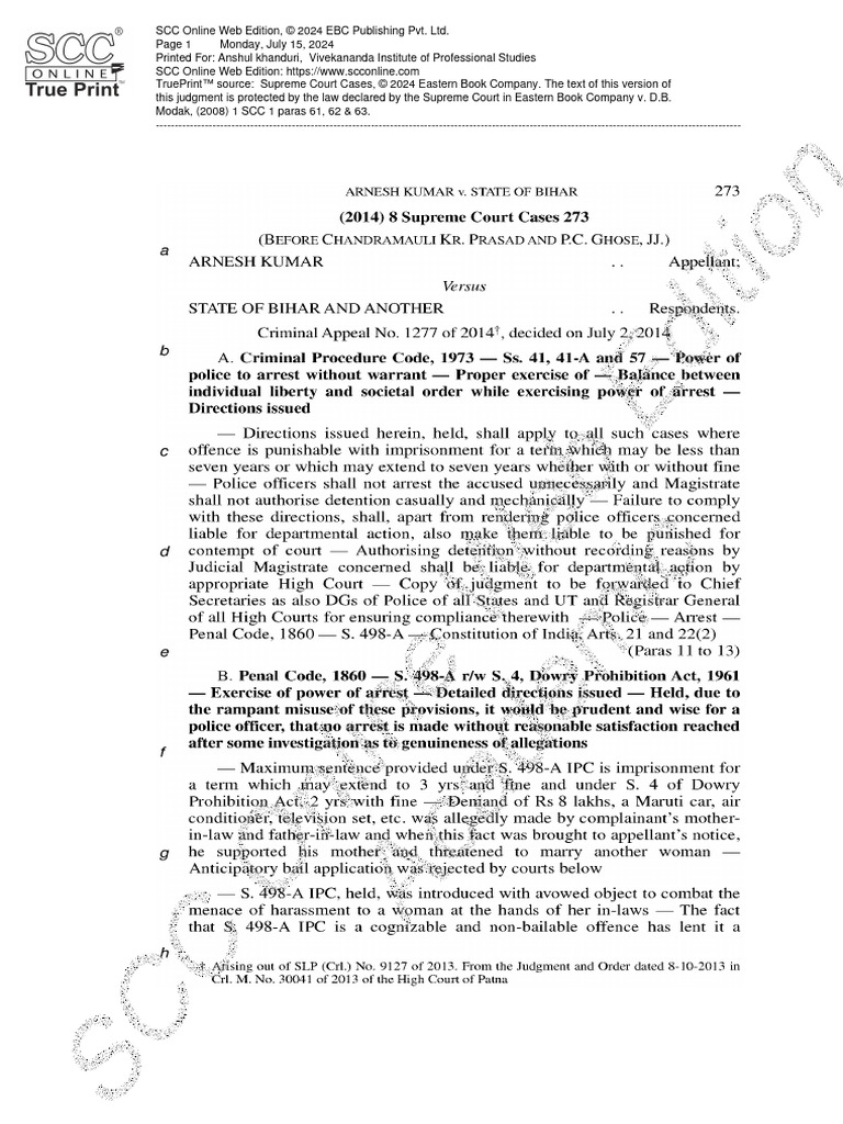 Arnesh kumar | Download Free PDF | Justice | Crime & Violence